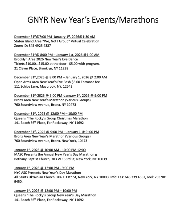 GNYR New Year’s Events/MarathonsGreater New York Region of NA